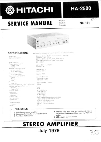 HITACHI HA-2500 STEREO AMPLIFIER SERVICE MANUAL INCLUDING SCHEMATIC DI ...