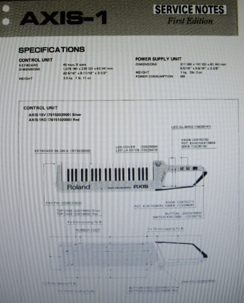 ROLAND AXIS-1 MIDI KEYBOARD SERVICE NOTES FIRST EDITION INC BLK DIAG S ...