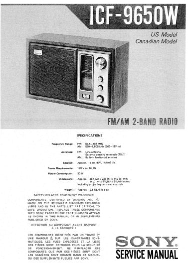 SONY ICF-9650W FM AM 2 BAND RADIO SERVICE MANUAL INC BLK DIAG PCBS SCH ...